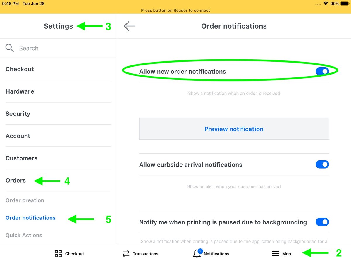 Turn on notifications in Square for new orders